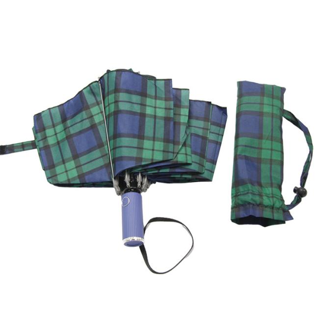Green check pattern three folding umbrella - front view