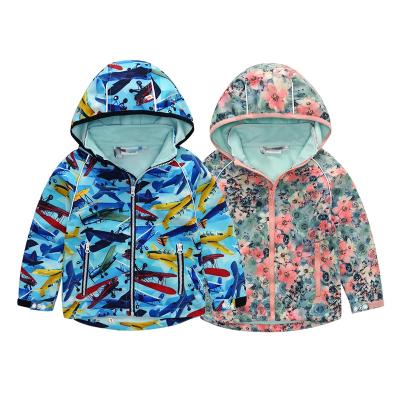 China Hot sales kids boys girls softshell jackets cool pattern rocket print sky blue hoodie zipper coat Spring Autumn coat for sale