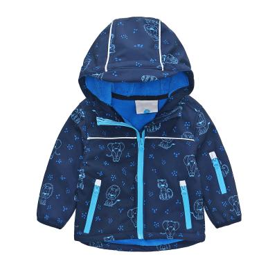 China Kids boy softshell jacket top quality hooded fleece coat animal printing cool pattern outdoor jacket for sale