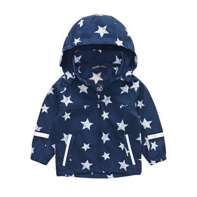 China Kids softshell jacket outdoor baby boys waterproof coat star printing blue hooded outerwear bonded with polar fleece for sale