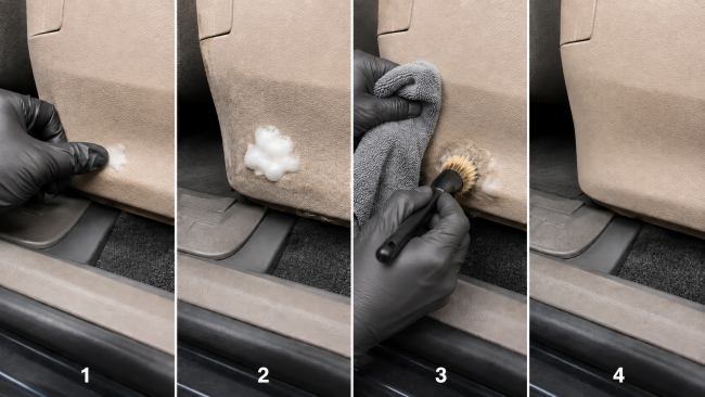 Foaming upholstery cleaner process with patch test application wiping and residue removal