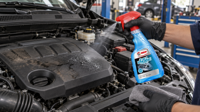 Mechanic spraying GETSUN 500ml 2 in 1 engine cleaner on a dirty engine cover before wiping with a microfiber cloth