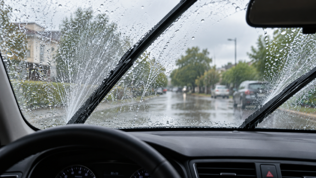 Washer jets spraying a rainy windshield as the wipers clear the glass
