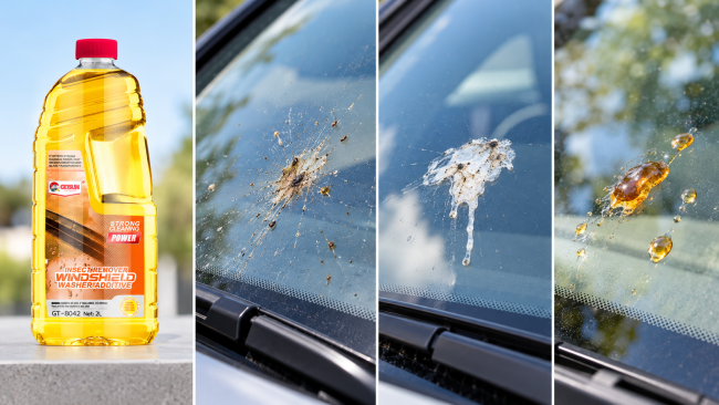 Windshield close-ups showing insect residue, bird droppings and tree sap beside GETSUN GT-8042