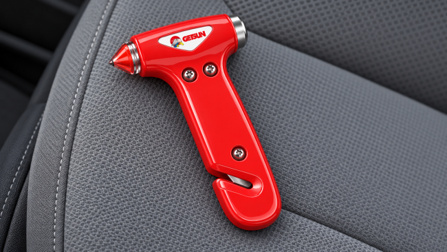 GETSUN GT-0310 red car window breaker resting on dark car seat upholstery
