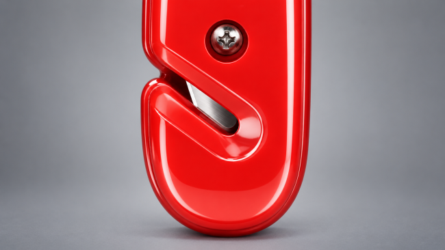 Close-up of the recessed seat belt cutting blade in the red GT-0310 handle