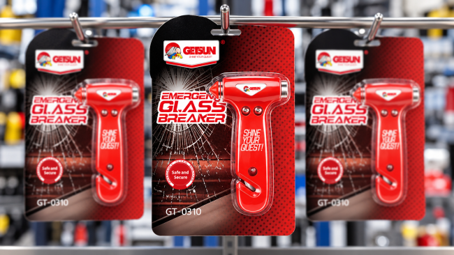 GETSUN GT-0310 emergency hammers in hanging blister packs at an automotive accessories display