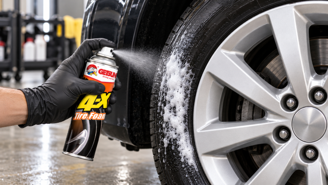 GETSUN tire foam cleaner being sprayed onto a car tire sidewall