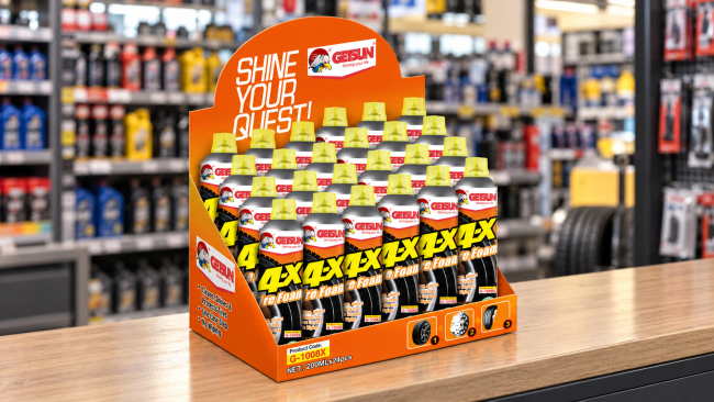 GETSUN tire foam cleaner being sprayed onto a car tire sidewall