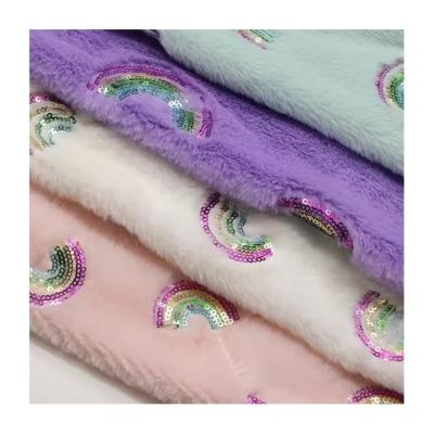 China Recycled 100 Polyester Rabbit Fur Rainbow Style Sequins Embroidery on Plush Fabrics for Home Textiles for sale