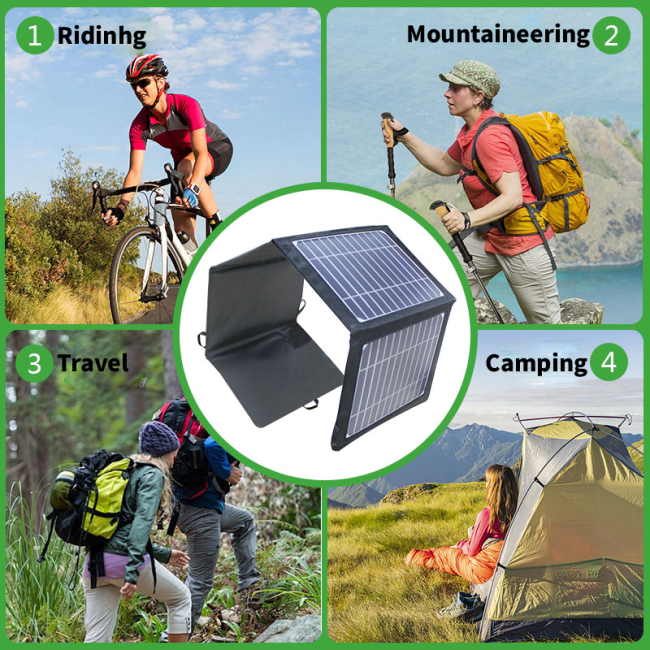 14W Solar Panel Folding Bag showing compact design and USB ports