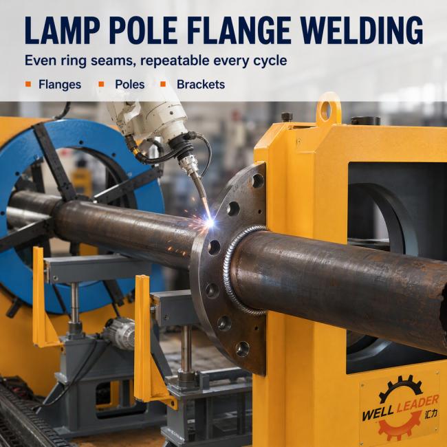 Lamp pole flange robotic welding workstation producing uniform circular ring seams on a long steel pole with six-axis welding robot and servo positioner