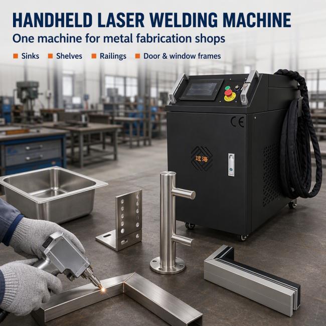 Handheld laser welding machine system showing fiber laser source, handheld welding gun, touch screen control panel, water cooling system and mobile cabinet