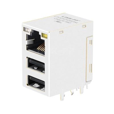 China LPJU5202BONL RJ45 Magjack Dual USB Combo 100/1000 Base-T Tab Up LED de color naranja y verde / amarillo en venta