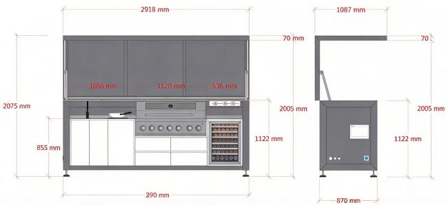 Close-up view of the grey aluminum outdoor kitchen showing stainless steel countertop, sink, and integrated appliances