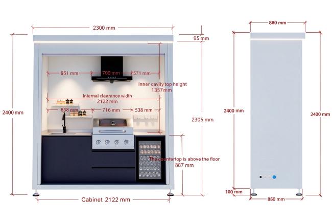 Black ROVA Standard Version outdoor kitchen with four-burner gas and charcoal grill, stainless steel countertop and sink