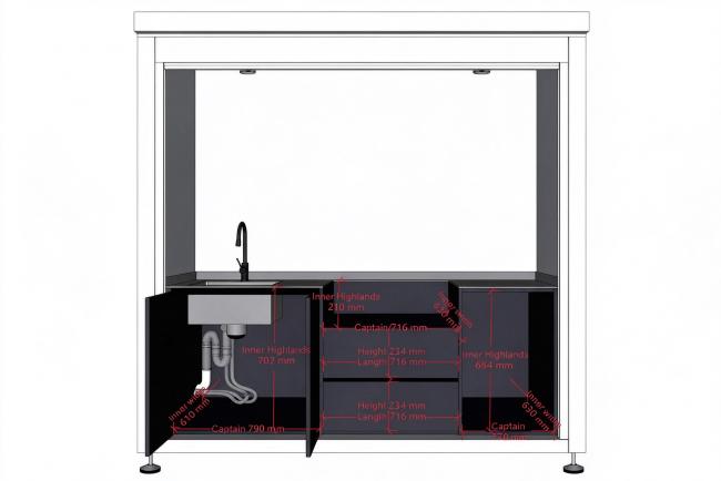 ROVA Standard Version outdoor kitchen unit showing integrated refrigerator, range hood, storage rack and LED lighting