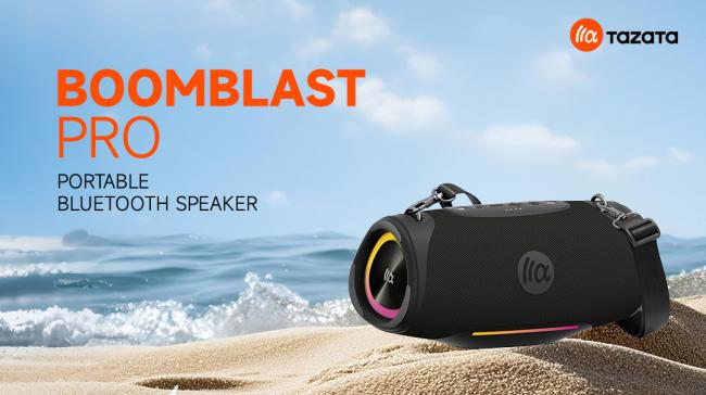 TAZATA BOOMBLAST PRO Bluetooth speaker showing RGB lighting