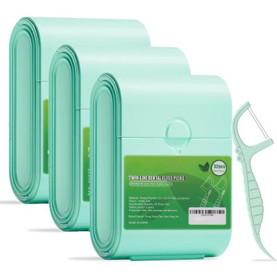 China Twin Line Mint Flavor Dental Floss Picks 156 Count Floss Sticks In 3 Portable Case for sale