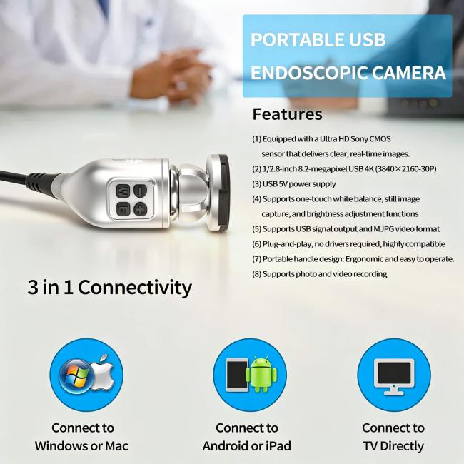 4K USB endoscopic camera connected to multiple devices including computer, tablet, and TV display