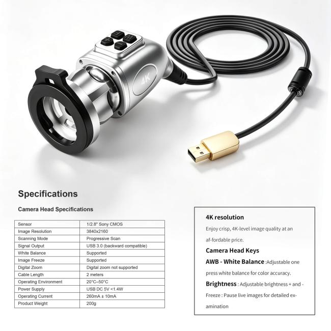 Detailed view of the 4K USB medical endoscope camera head showing control buttons and cable connection