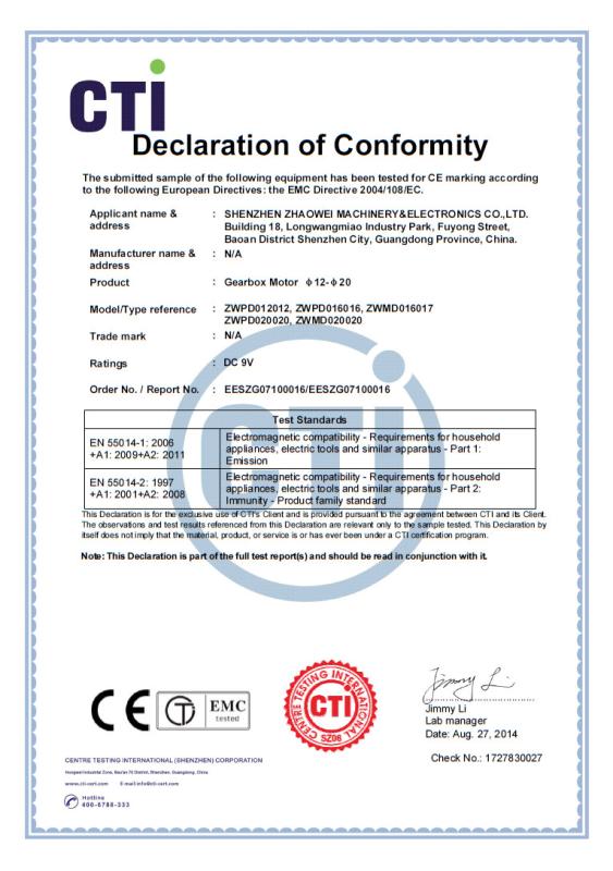 CE - Shenzhen ZhaoWei Machinery & Electronics Co. Ltd.