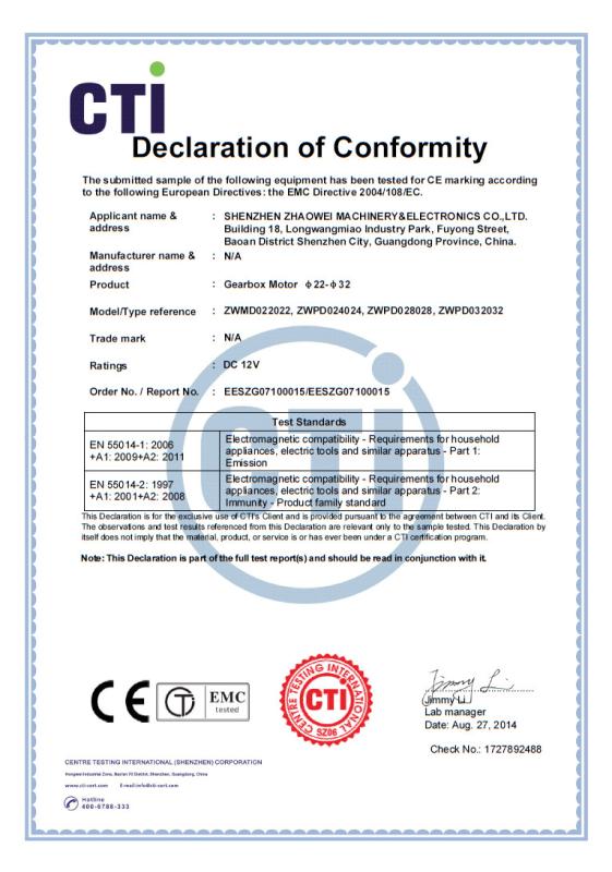 CE - Shenzhen ZhaoWei Machinery & Electronics Co. Ltd.