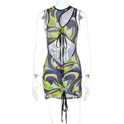 Cina OEM maufactoryEuropean and American style women's clothing 2022 Summer printing round neck sleeveless hollow wrinkle in vendita
