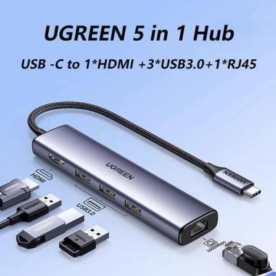 China Adaptador multiporte híbrido USB C 5Gbps 5 em 1 Hub USB C com 3 USB3.0 HDMI e RJ45 à venda