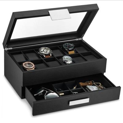 China 12 Slots Leather Watch Box with Multi-level Storage and Transparent Window for Dust-proof Watch Display for sale