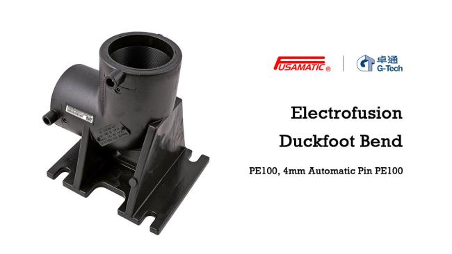 PE100 electrofusion duckfoot bend with integral mounting base and Fusamatic automatic pin, 90mm SDR11-17.6