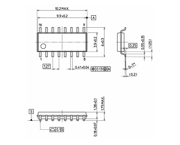 74HC595D Shift Register technical drawing
