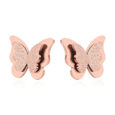 China El oro del acero inoxidable 18K Rose del envío gratis plateó los pendientes dobles del perno prisionero de la mariposa para las mujeres y la muchacha en venta