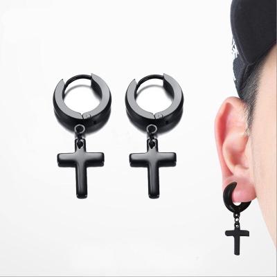 China Punk hombres Ear Stud círculo redondo cruz Huggie pendientes para hombre pequeño crucifijo Cuff pendientes acero inoxidable Hip Hop macho Je en venta