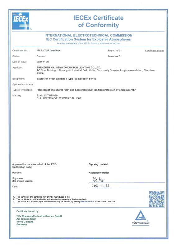 IECEx Certificate of Conformity - Shenzhen KHJ Semiconductor Lighting Co., Ltd