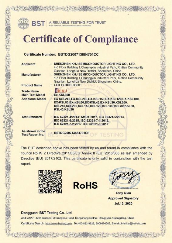 Certificate of Compliance - Shenzhen KHJ Semiconductor Lighting Co., Ltd