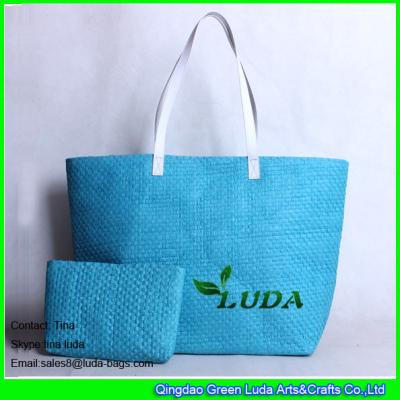 Cina LUDA blue handbags wholesale large paper straw handbags with outside pocket in vendita