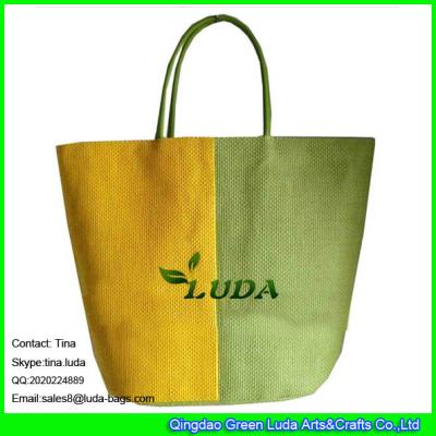Cina Borsa di carta economica della paglia di totalizzatore della borsa di promozione a strisce gialla e verde di LUDA in vendita
