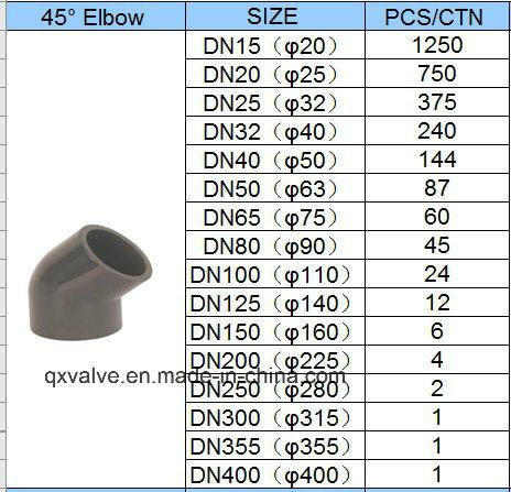 DIN Standard Pn16 UPVC 45deg Elbow with Socket Size From 20mm to 400mm