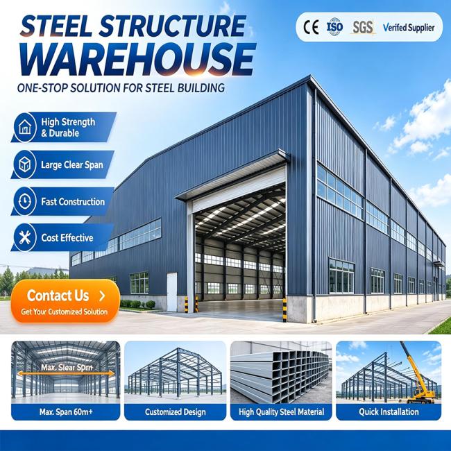 Steel structure warehouse exterior showing modern industrial design