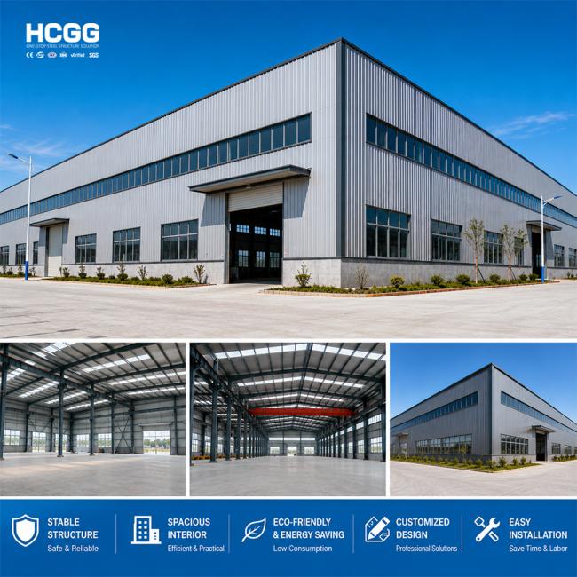 Steel structure workshop interior showing production space