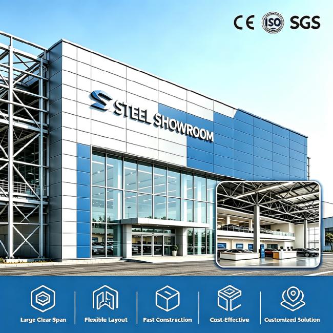 Steel structure car showroom interior with vehicle display