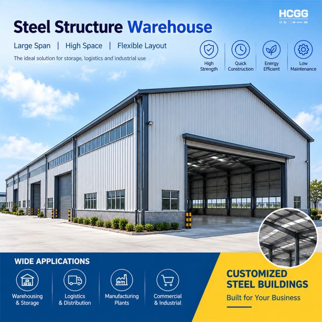 Steel structure warehouse interior showing spacious storage area with organized storage systems
