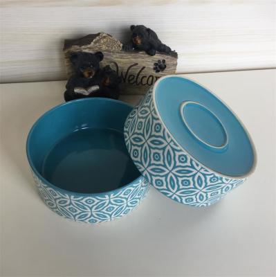 중국 TD 17.8cm 7 인치 전사술 세라믹 개밥 그릇, 무늬가 있는 파란 세라믹 개 그릇 판매용