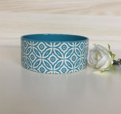 중국 TD 17.8cm 7 인치 전사술 세라믹 개밥 그릇, 무늬가 있는 파란 세라믹 개 그릇 판매용