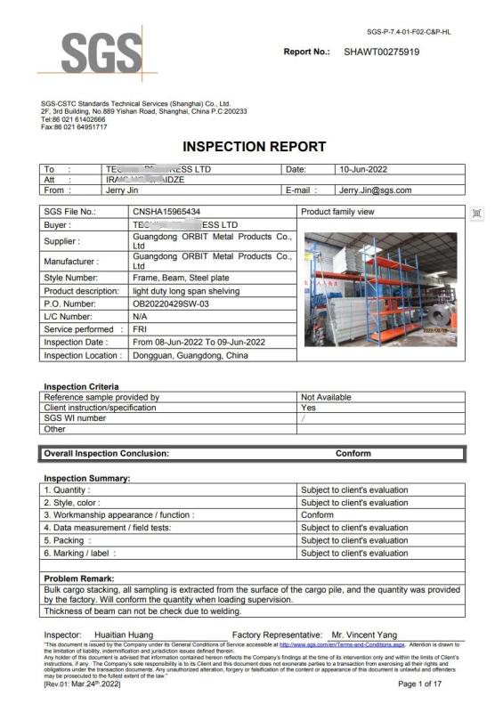 SGS - Guangdong ORBIT Metal Products Co., Ltd