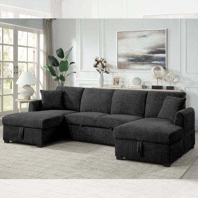 China Sofá seccional en forma de U con cama extraíble y chaise longue con almacenamiento, tela sherpa negra en venta