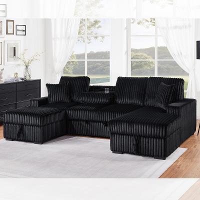 China Sectional Sleeper Sofa with Pull-Out Bed and Dropdown Table and Storage Chaise and Storage Ottoman, Black Corduroy Fabric for sale