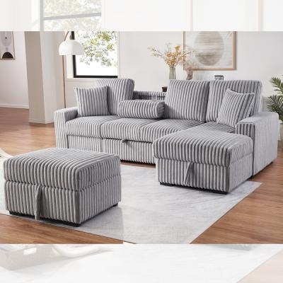 China Sectional Sleeper Sofa with Pull-Out Bed and Dropdown Table and Storage Chaise and Storage Ottoman, Gray Corduroy Fabric for sale