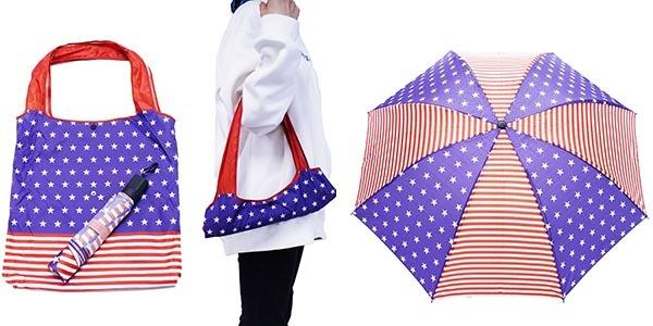 Person carrying the 2-in-1 umbrella hands-free using the wrist strap